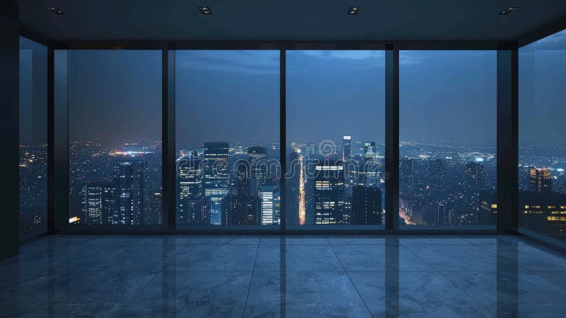 An Empty Room in a Skyscraper and a View of the Night City. Beautiful ...