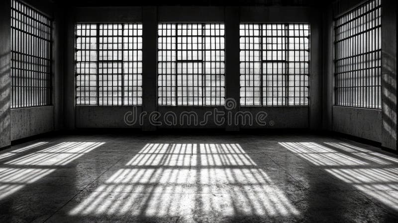 Empty Room Sunlight Casting Shadows Large Grid Windows Stock Photos ...