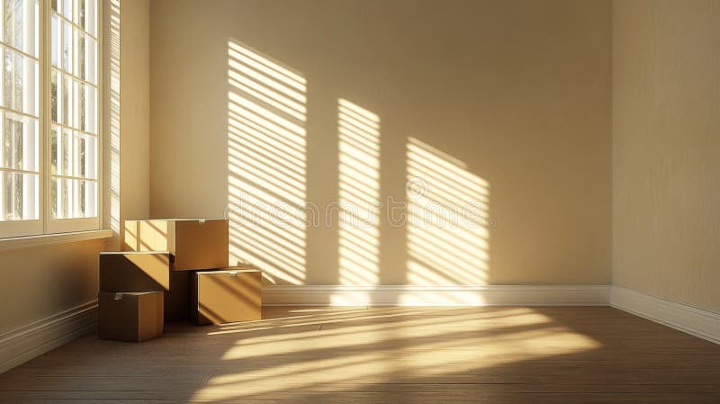 Empty Room with Sunlit Wooden Floor and Cardboard Boxes Stock ...