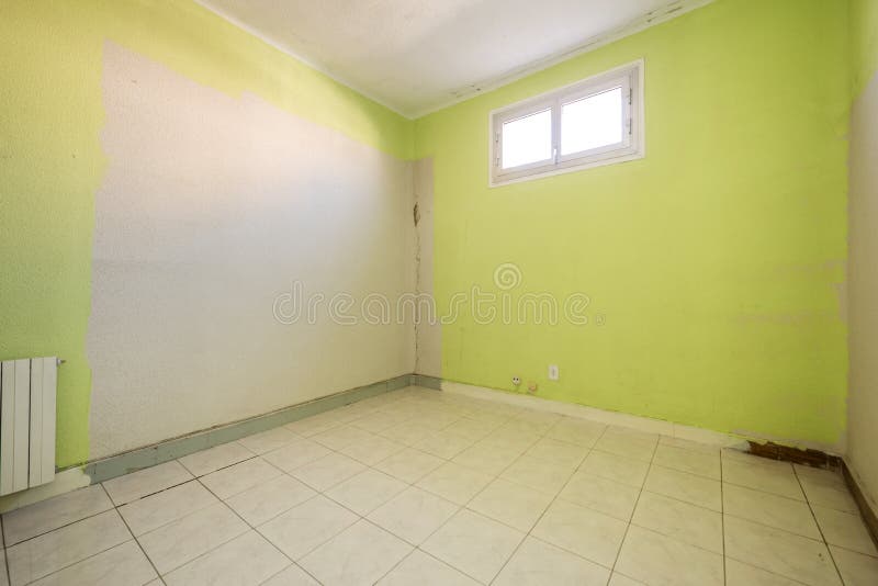 Empty Room with Tiled Floor and Dirty Worn Walls Stock Image - Image of ...