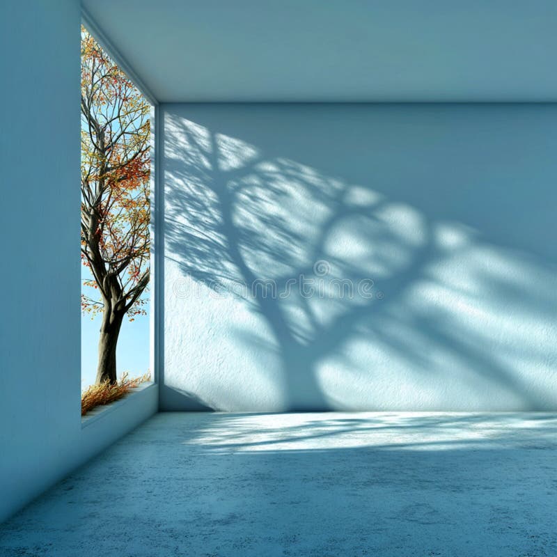 An Empty Room with a Tree Outside the Window Casting Shadows Stock ...