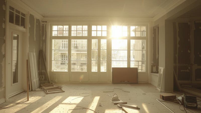Empty Room Under Construction with Sunlight Streaming through Windows ...