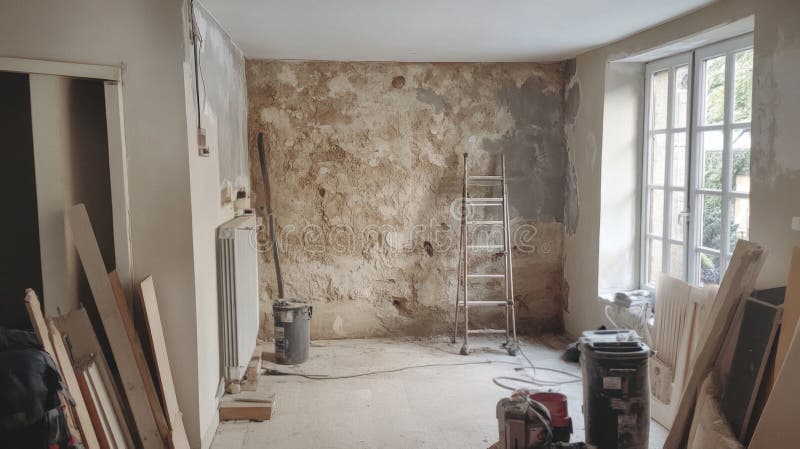 Empty Room Under Renovation with Ladder and Tools Stock Illustration ...