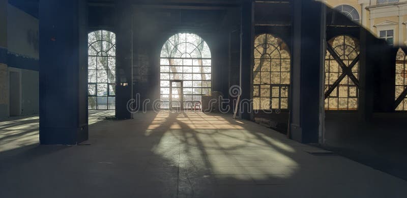 Empty Room Under Repair with Large Arched Windows Stock Photo - Image ...