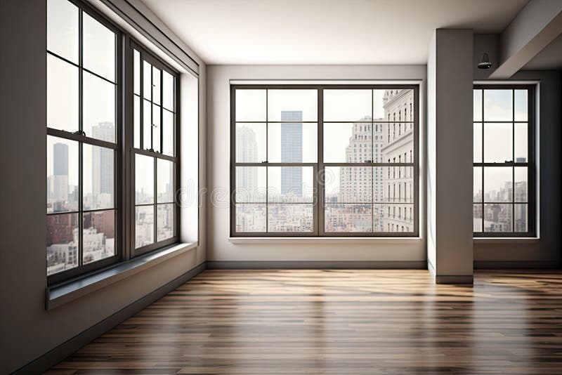 Empty Room with View of a Bustling City, Featuring Large Windows and ...