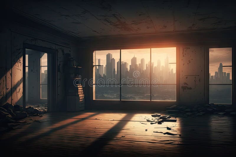 Empty Room with View of Bustling Cityscape, Ideal Setting for Action ...