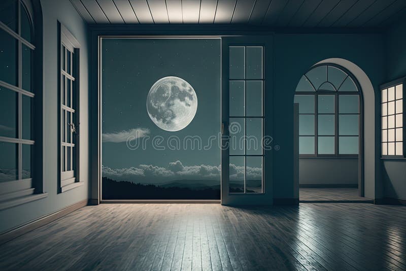 Empty Room with View of the Night Sky, Featuring a Full Moon and ...