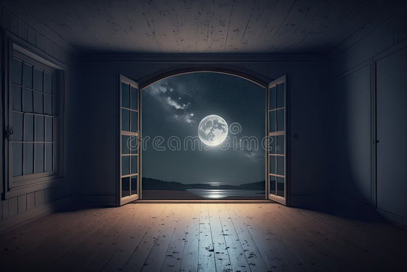 Empty Room with View of the Night Sky, Featuring a Full Moon and ...