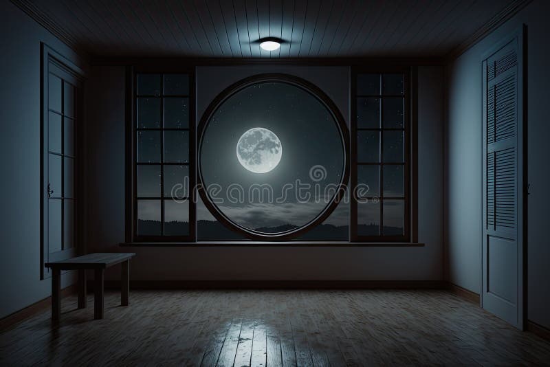 Empty Room with View of the Night Sky, Featuring a Full Moon and ...