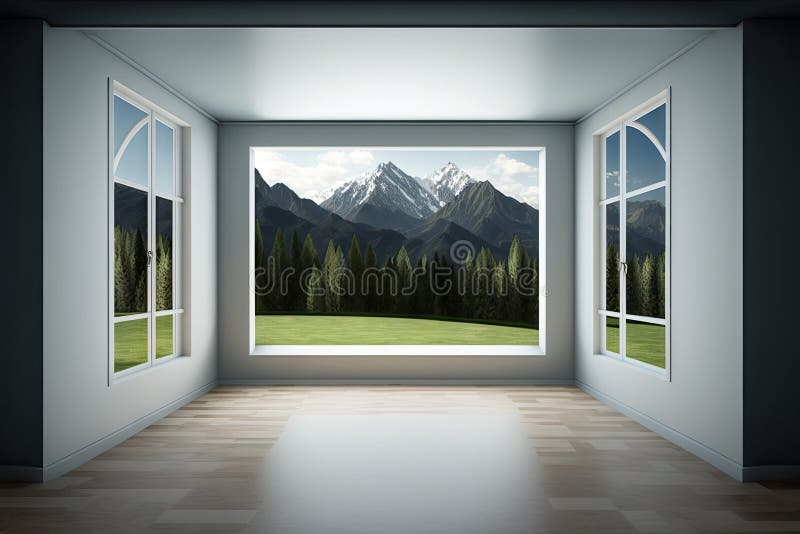 Empty Room with View of Scenic Landscape, with Trees and Mountains in ...