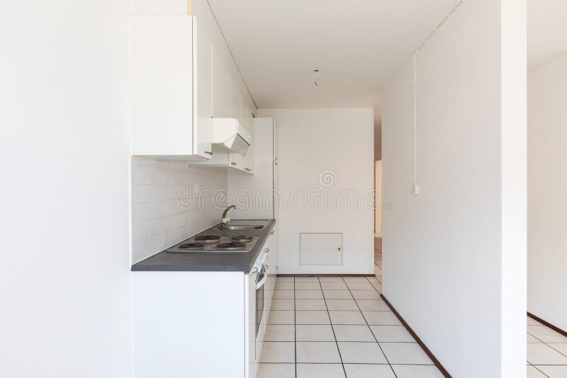 Empty Room with Vintage Kitchen, White Tiles and Walls Stock Image ...