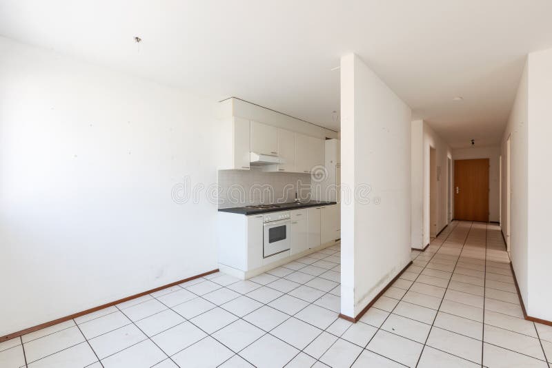 Empty Room with Vintage Kitchen, White Tiles and Walls Stock Photo ...