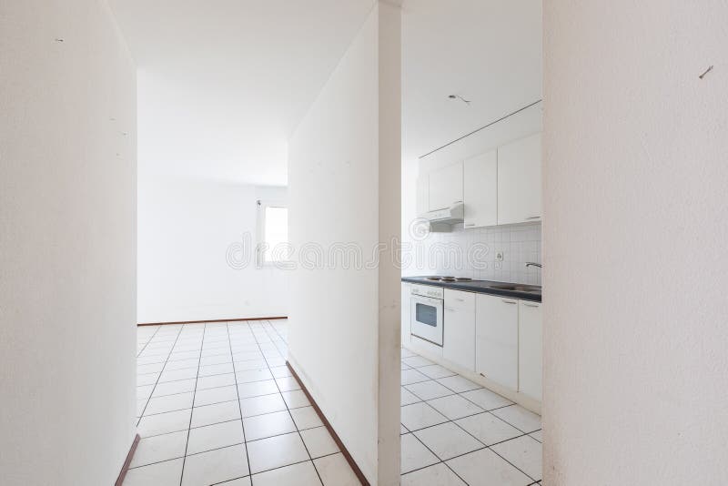 Empty Room with Vintage Kitchen, White Tiles and Walls Stock Image ...