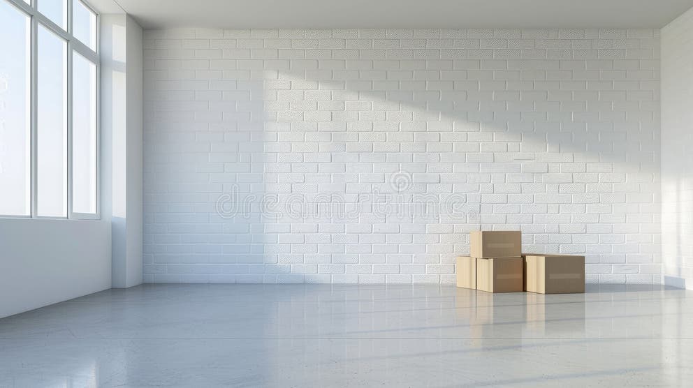 An Empty Room with a White Brick Wall and Large Window, Lit by Sunlight ...