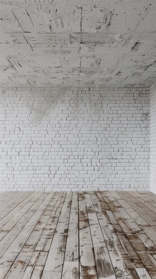 Empty Room with White Brick Wall and Rustic Wooden Floor Stock Image ...