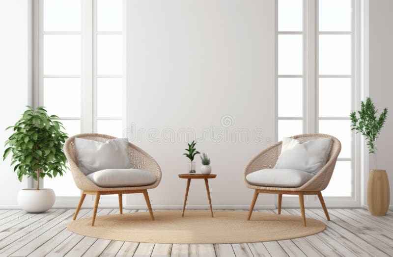 An Empty Room with White Chairs, Window and White Rug Stock Photo ...