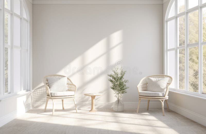 An Empty Room with White Chairs, Window and White Rug Stock Photo ...