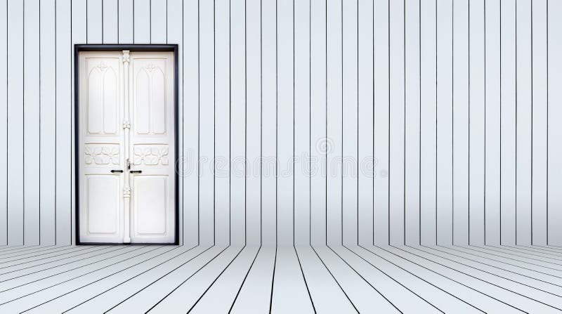 Empty Room with White Door and Wooden Wall Stock Image - Image of door ...
