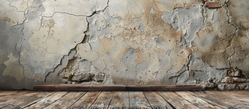 An Empty Room with a Wooden Floor and a Cracked Stone Wall Stock Image ...