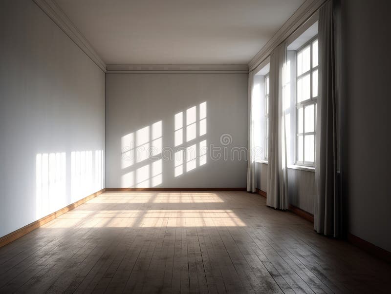 Empty Room with Wooden Floor, Curtain, and Large Window. Generative AI ...