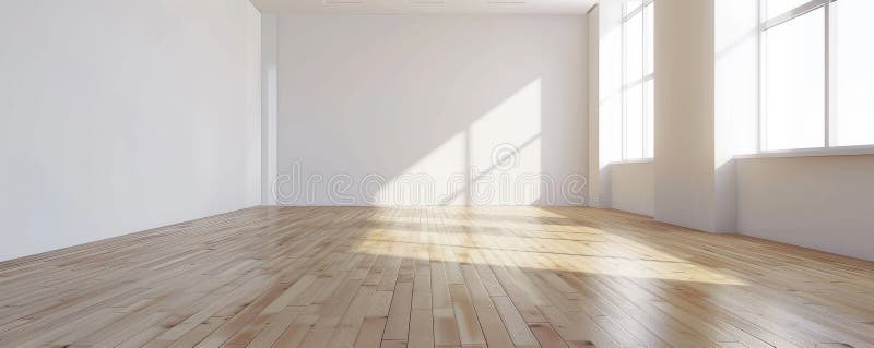 Empty Room with Wooden Floor and Large Windows Stock Image - Image of ...