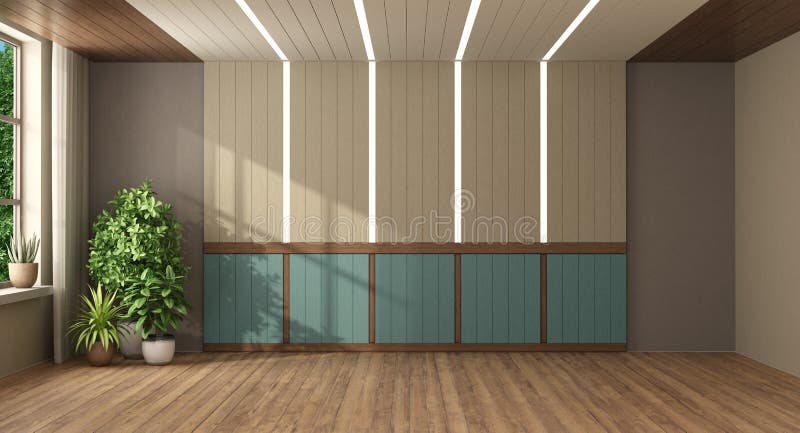 Empty Room with Wooden Paneling with Led Light Stock Illustration ...