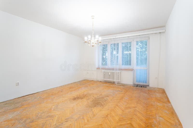 Empty Room with Worn Parquet Flooring Awaiting Renovation Stock Image ...