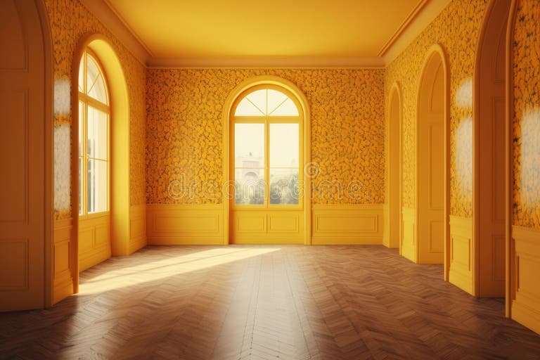 Empty Room with Yellow Patterned Walls. Arched Doors and Windows ...