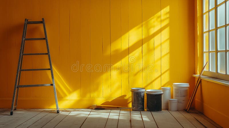Empty Room with Yellow Walls and Paint Buckets by Window Light Stock ...