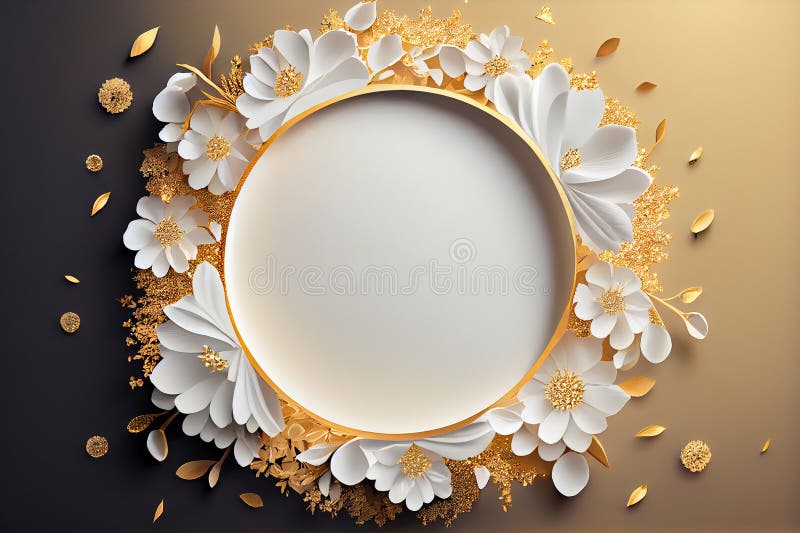 Empty Round Banner with White Flowers with Golden Glittering ...