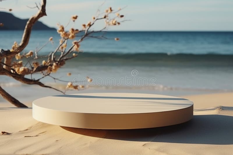 Empty Round Beige Platform Podium and Dry Tree Twig on the Beach. Stock ...