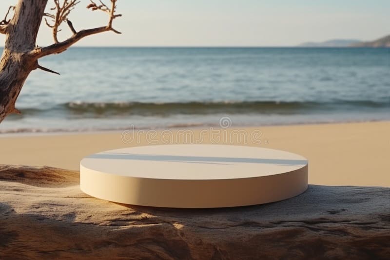 Empty Round Beige Platform Podium and Dry Tree Twig on the Beach. Stock ...