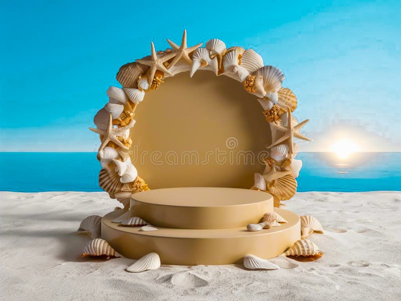 Beach-Themed Product Presentation Round Beige Podium on White Sand ...