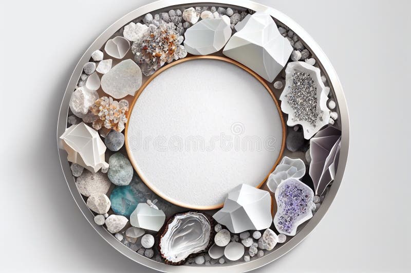 Empty Round Frame with Crystal Druses, Flat Lay. Display Abstract ...