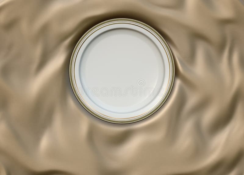 Empty Round Glazed Plate with Simple Shiny Frame on Folded Silk Cloth ...