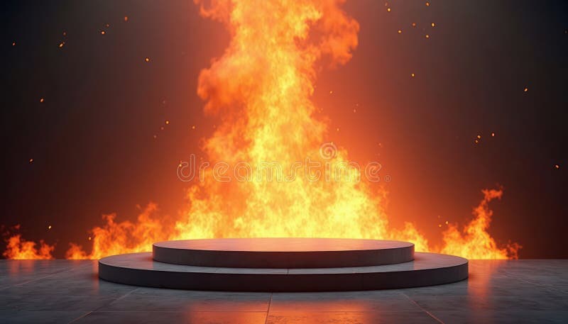Empty Round Pedestal in Front of Blazing Fire. Minimalist Design ...