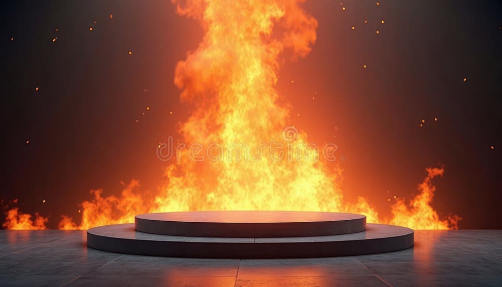 Empty Round Pedestal in Front of Blazing Fire. Minimalist Design ...