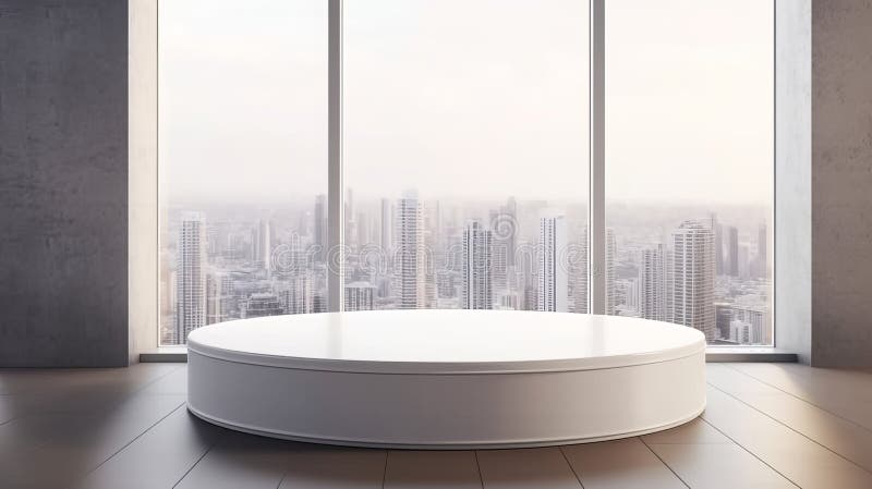 Empty Round Podium in Modern Interior with City View. Mock Up Stock ...