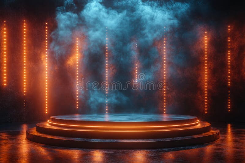 Empty Round Stage Illuminated with Orange and Blue Neon Lights and ...