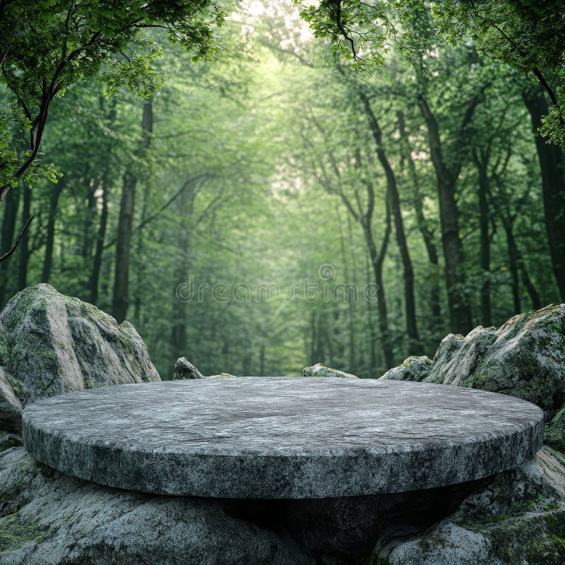 Empty Round Stone Table in the Forest. 3D Rendering Stock Illustration ...