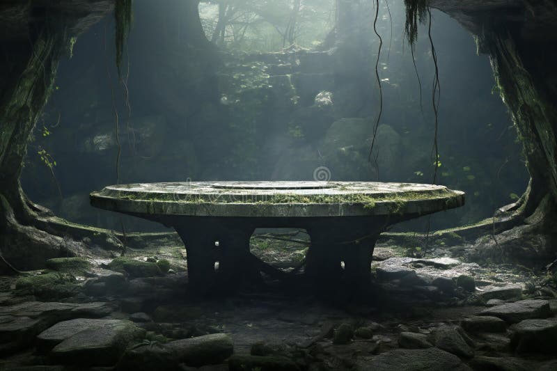Empty Round Table in the Dark Forest, Dark and Mysterious Background ...