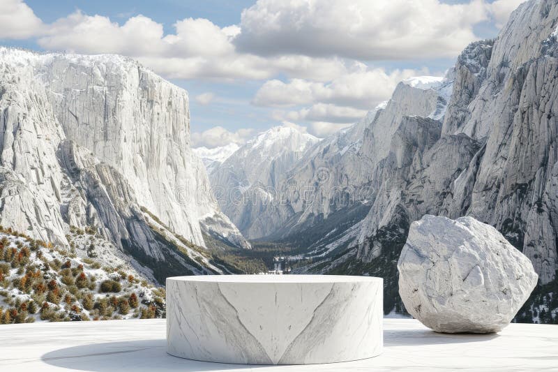 Empty Round White Podium for Product Display with Stunning Mountain ...