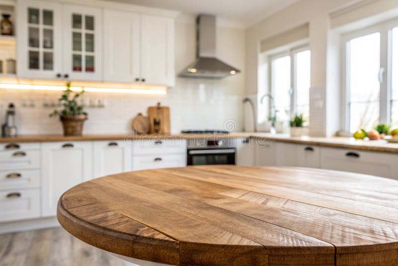 Empty Round Wood Tabletop Counter in Bright Kitchen Stock Illustration ...