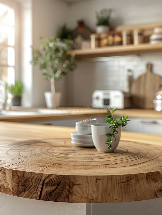 Empty Round Wood Tabletop Counter on Interior in Clean and Bright ...