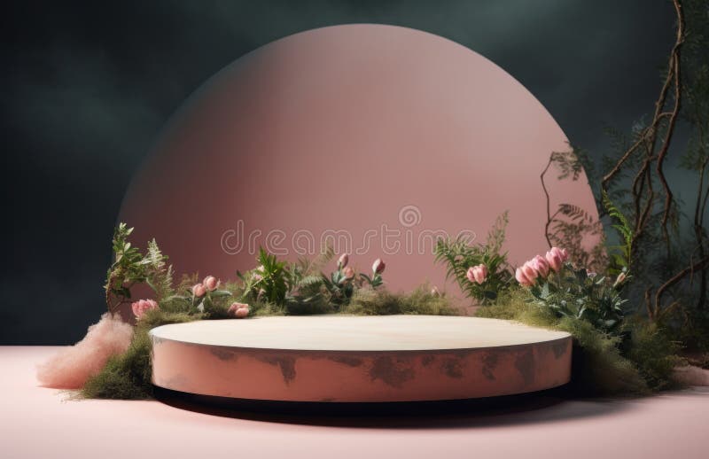 Empty Round Wooden Platform with Green Plants Stock Illustration ...