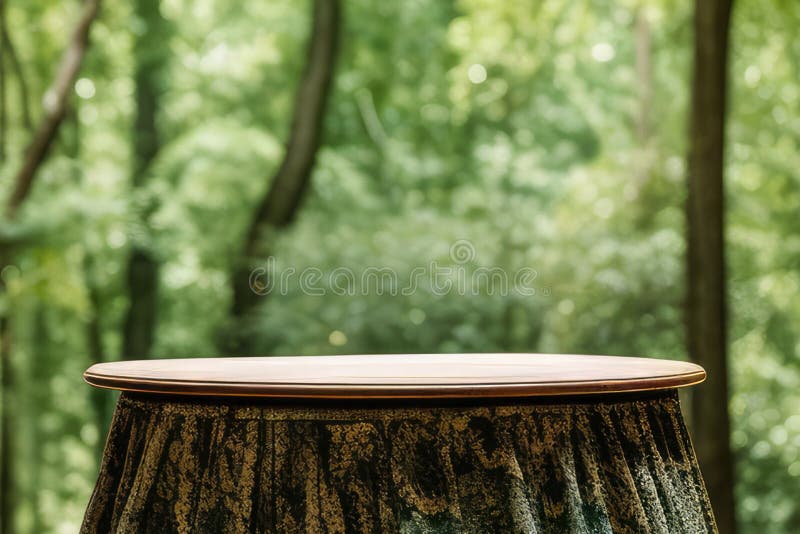 Empty Round Wooden Table and Green Curtain with Forest Background ...