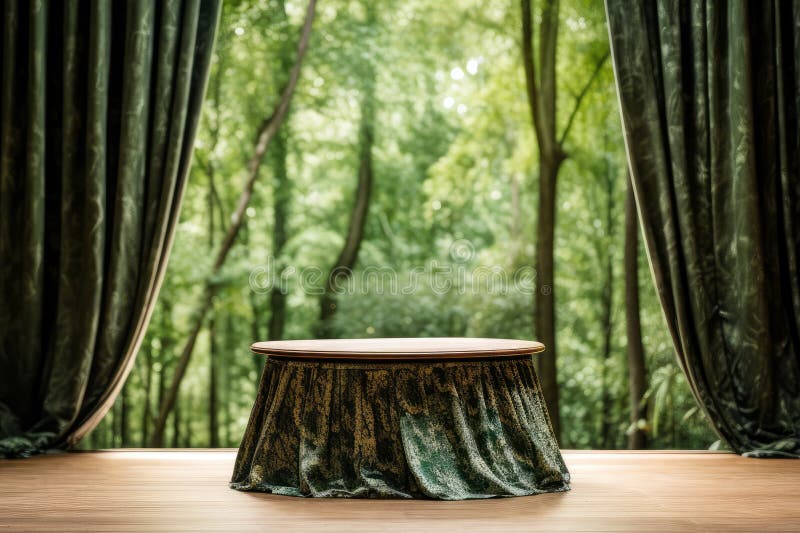 Empty Round Wooden Table and Green Curtain with Forest Background ...
