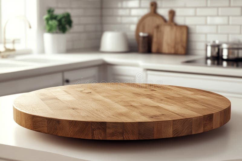 Empty Round Wooden Tabletop Counter in Bright Kitchen Ready for Product ...