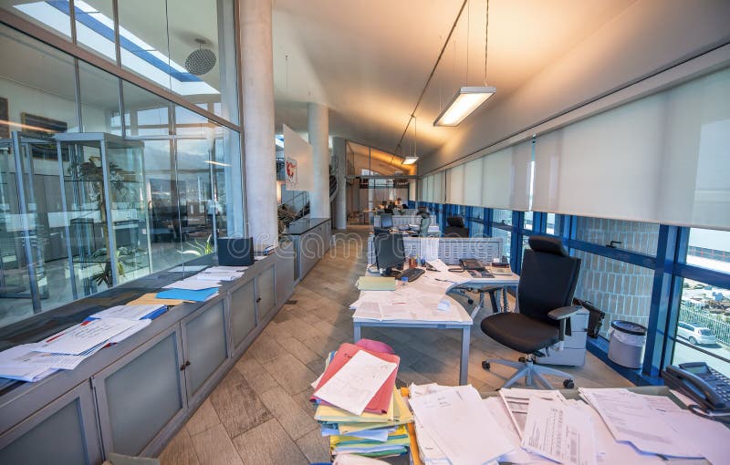 Empty Row of Desks and Chairs in the Modern Office Building Editorial ...