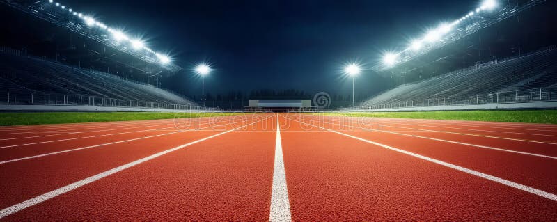 Empty Running Track at Night, Illuminated by Stadium Lights, Creates ...